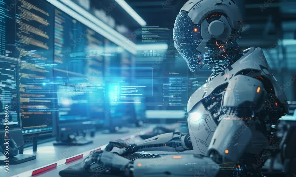 Futuristic humanoid robot working diligently at a high-tech computer ...