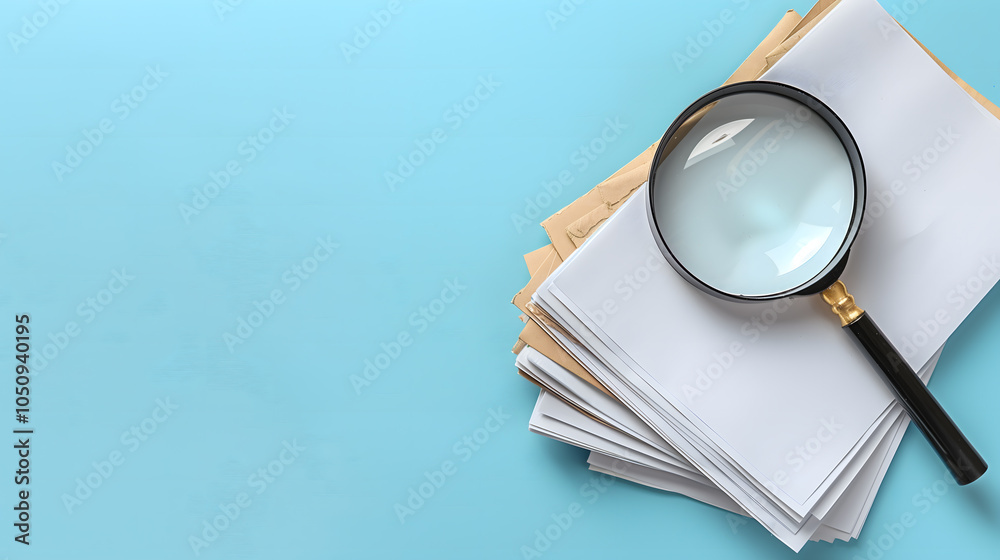 Magnifying glass on a stack of papers on a light blue background with ...