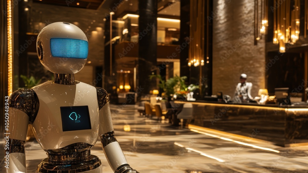 Robot assistant welcoming guests at a hotel lobby with a contemporary ...