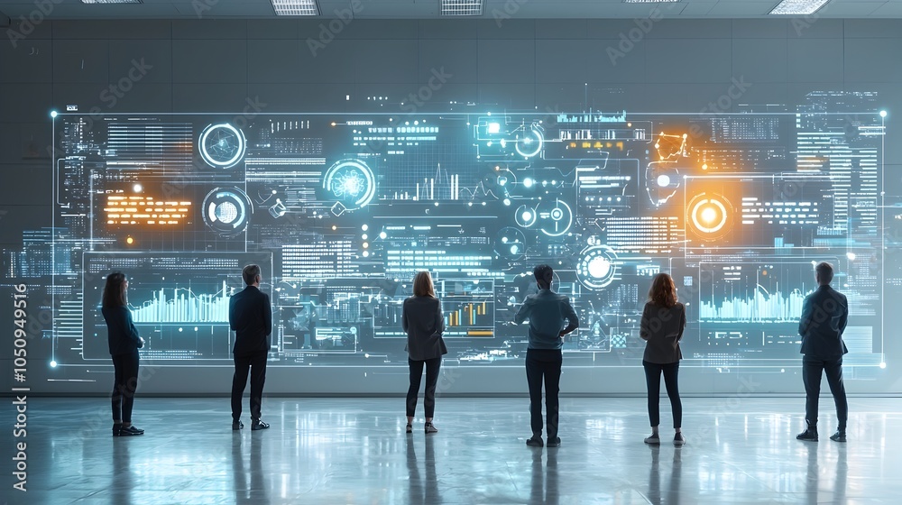 Silhouettes of people observing data projections and charts in a ...