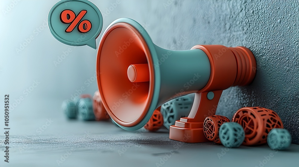 Minimalist 3D megaphone and floating percentage symbol graphic on a ...