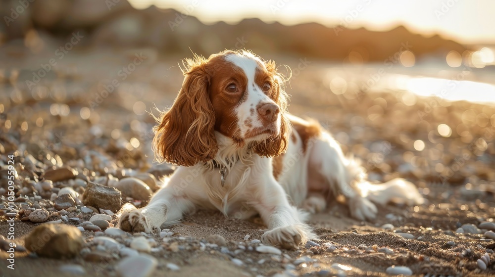 A young dog relaxes on a pebble-filled beach with the gentle waves ...