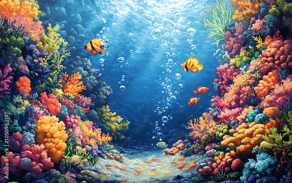Beautifully detailed underwater coral reef ecosystem filled with ...
