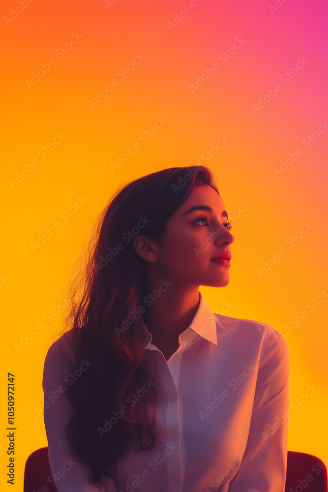 3/4 profile woman long hair office work gradient background studio ...