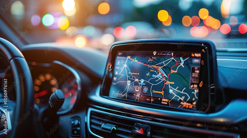 Close up of a GPS navigation system in a car, showing a route with ...