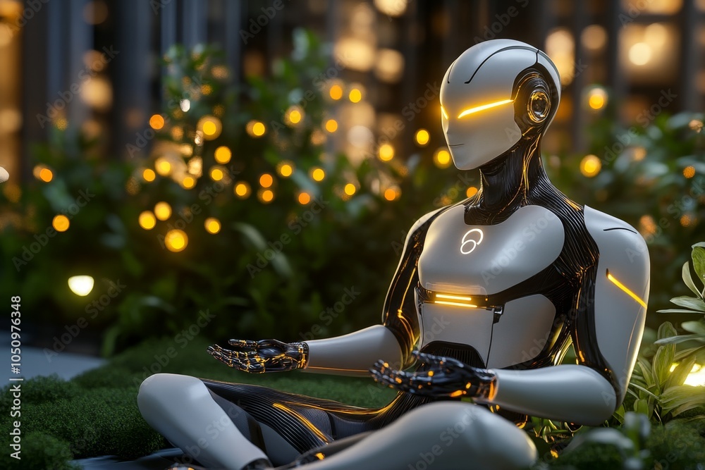 A digital 3D scene of a robot taking a deep breath of clean air in a ...