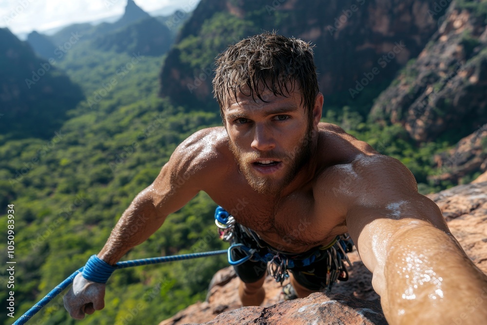 A hyper-realistic depiction of a rock climber taking a chance on a ...