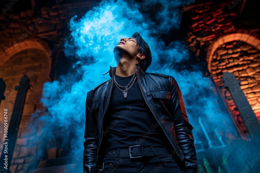 A vampire taking a deep breath of the night air, standing at the ...