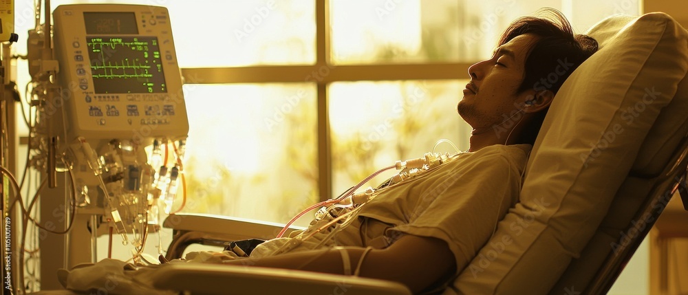 Patient resting in a hospital bed with medical equipment surrounding ...
