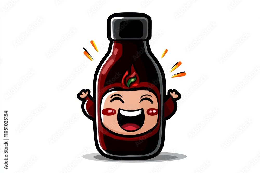 a 2D cartoon illustration of a bottle of hot sauce with a cute face ...