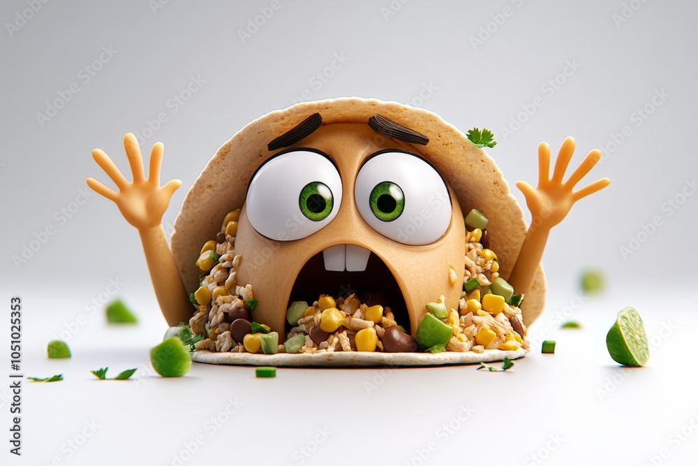 a 2D cartoon illustration of a burrito with a funny face tasty and ...