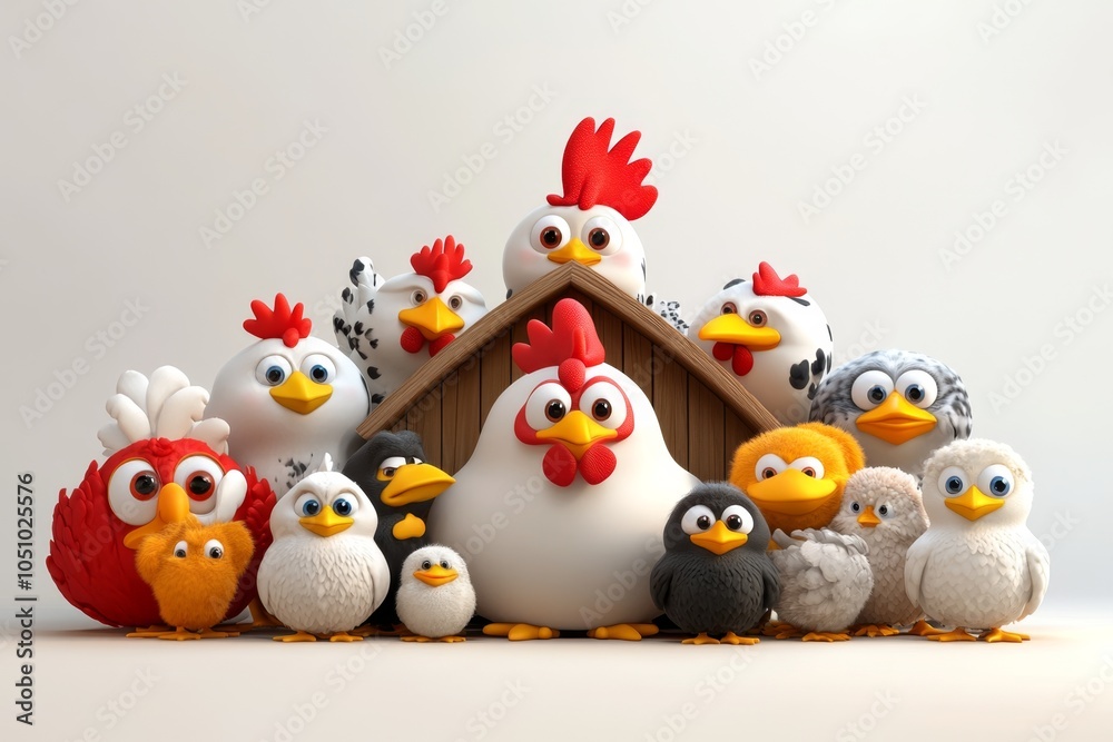 a 2D cartoon illustration of a chicken coop with hens and chicks farm ...