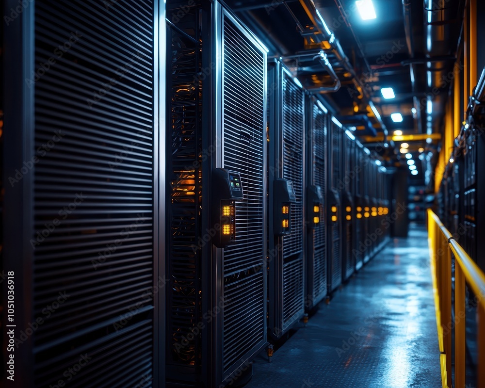 Modern data center interior with rows of servers and illuminated cool ...