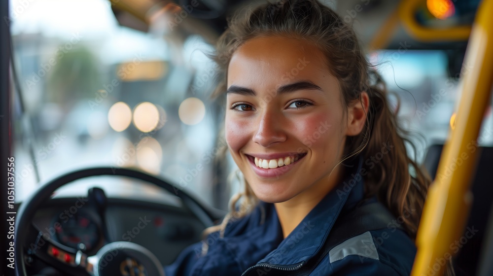 A photo of an attractive female bus driver smiling at the camera ...