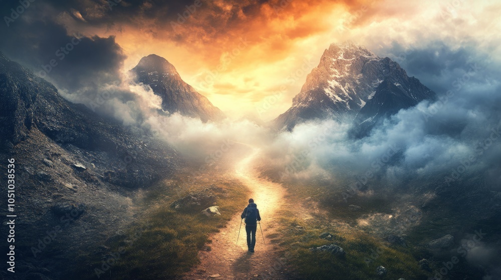 A hiker choosing between two mountain trails, one bathed in light and ...