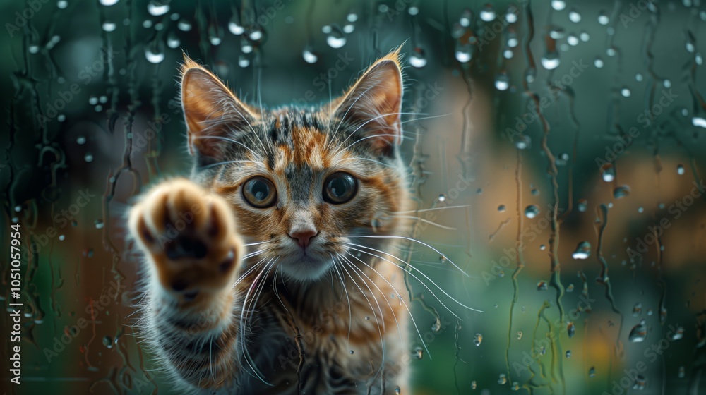 Photograph of a cute cat reaching out from behind a glass window ...