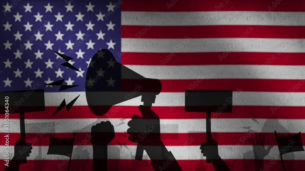 USA protest concept 4k animation, microphone with flag waving in the ...