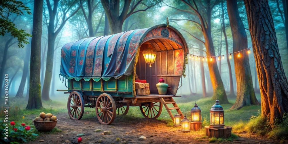 Gypsy fortune-teller wagon in misty forest with colorful drapes and ...