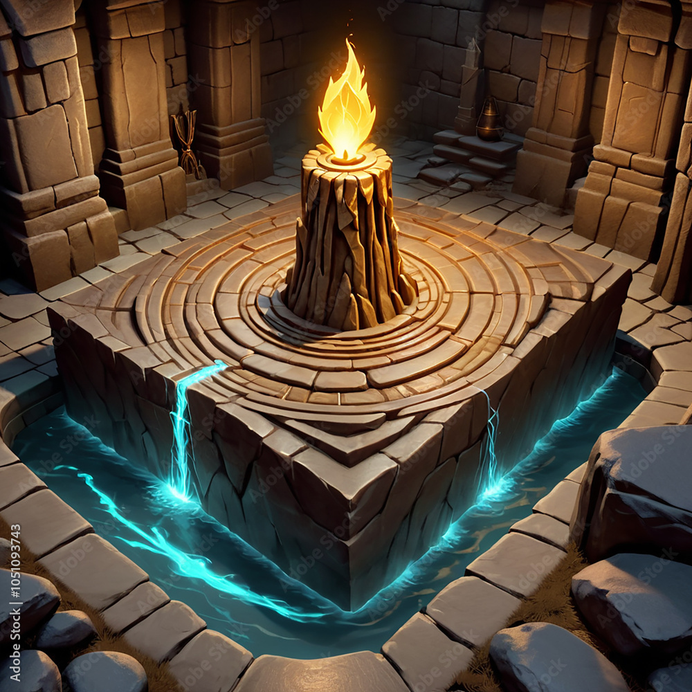 A stone altar with a circular pattern sits in a dimly lit chamber, a ...