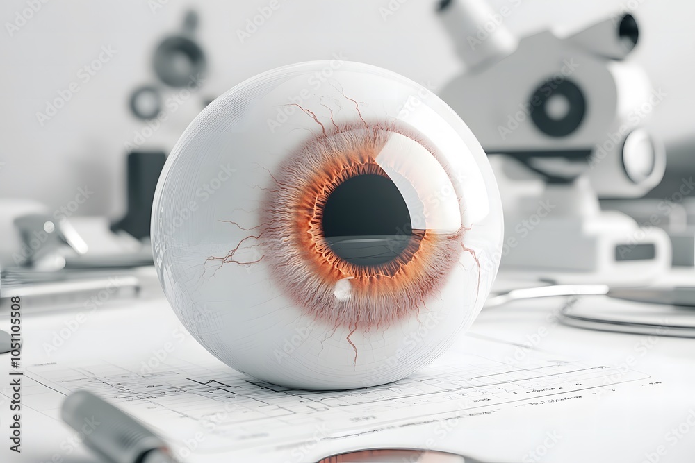 A 3D model of a human eye, with the retina highlighted in red for ...