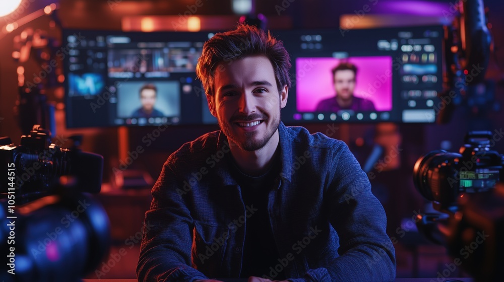 Male vlogger recording in high-tech studio with screens. Smiling male ...