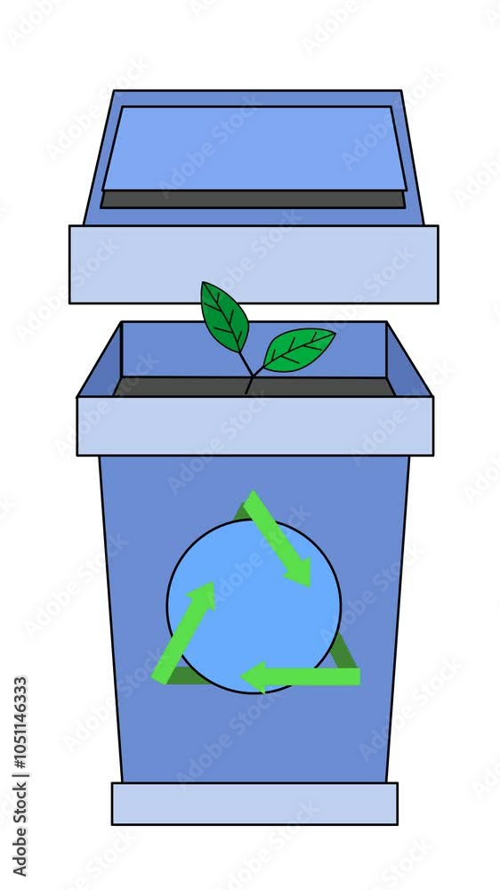A recycling bin with leaves growing out of it. Cartoon animation. Alpha ...