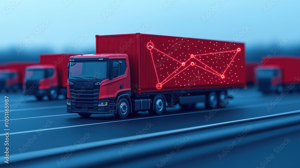 red truck with container is depicted on road, featuring digital network ...