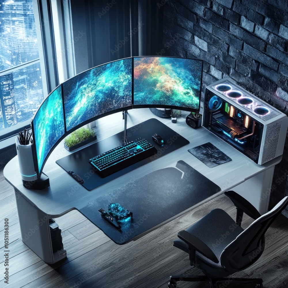 A modern gaming setup with a curved monitor, keyboard, mouse, and a PC ...