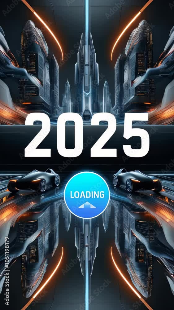 Futuristic cityscape 2025 loading button, power button. New 2025 year ...
