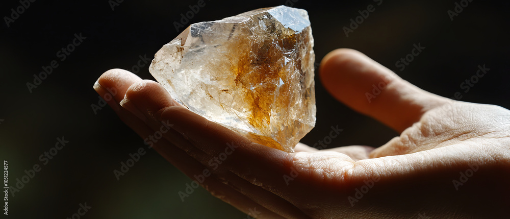 person is holding large, clear crystal with golden inclusions in their ...