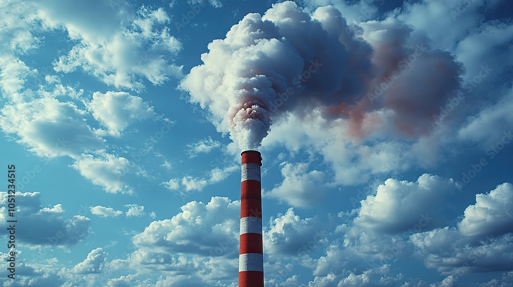 smokestack with red and white stripes, billowing smoke into the blue ...