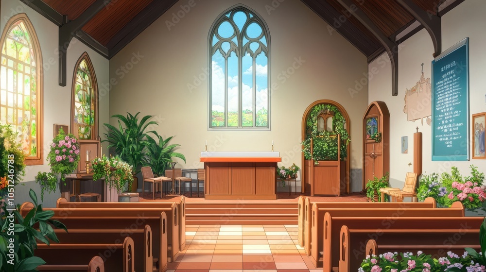 A captivating anime-style interior of a church sanctuary, showcasing ...