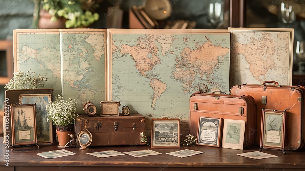 Vintage travel essentials and world maps displayed elegantly on a table ...