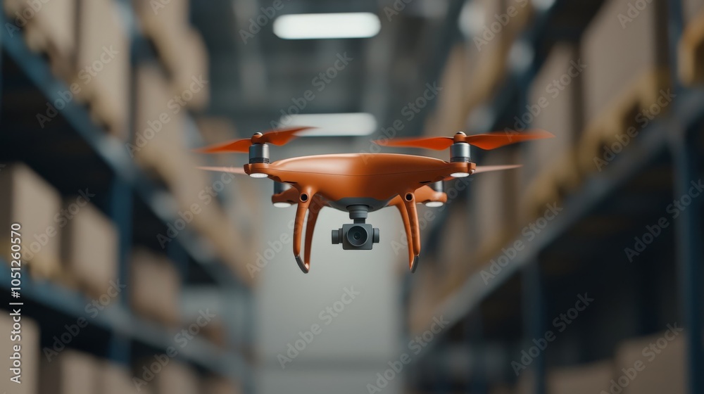A drone hovers in a warehouse aisle filled with stacked boxes, showcasing technology for modern ...