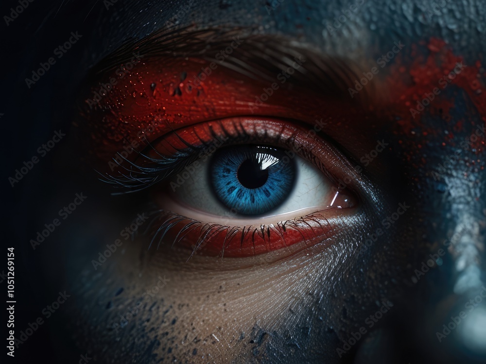 Fierce scary red eyes on a dark textured face. Demonic eyes. Concept of ...