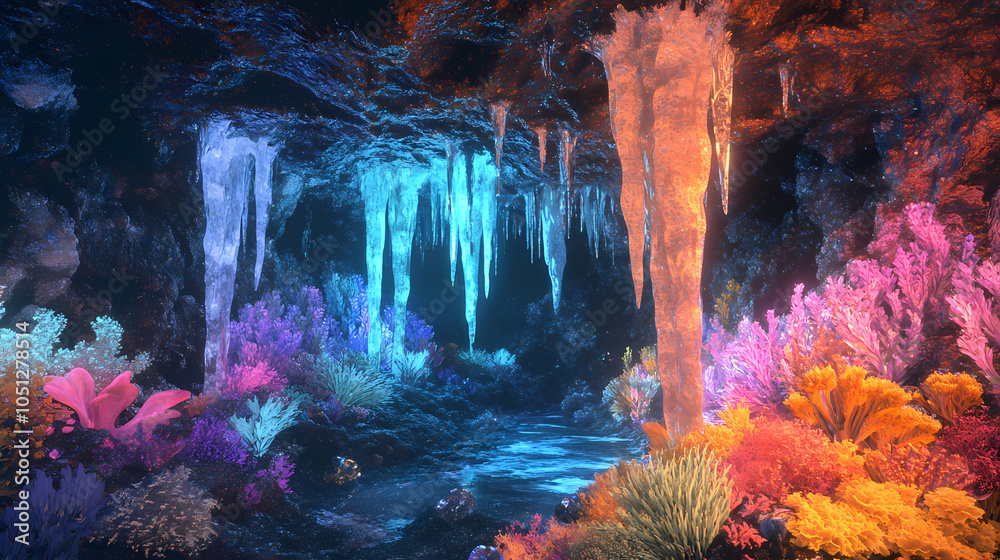 Explore the icy cave featuring jagged stalactites and vibrant flora in ...