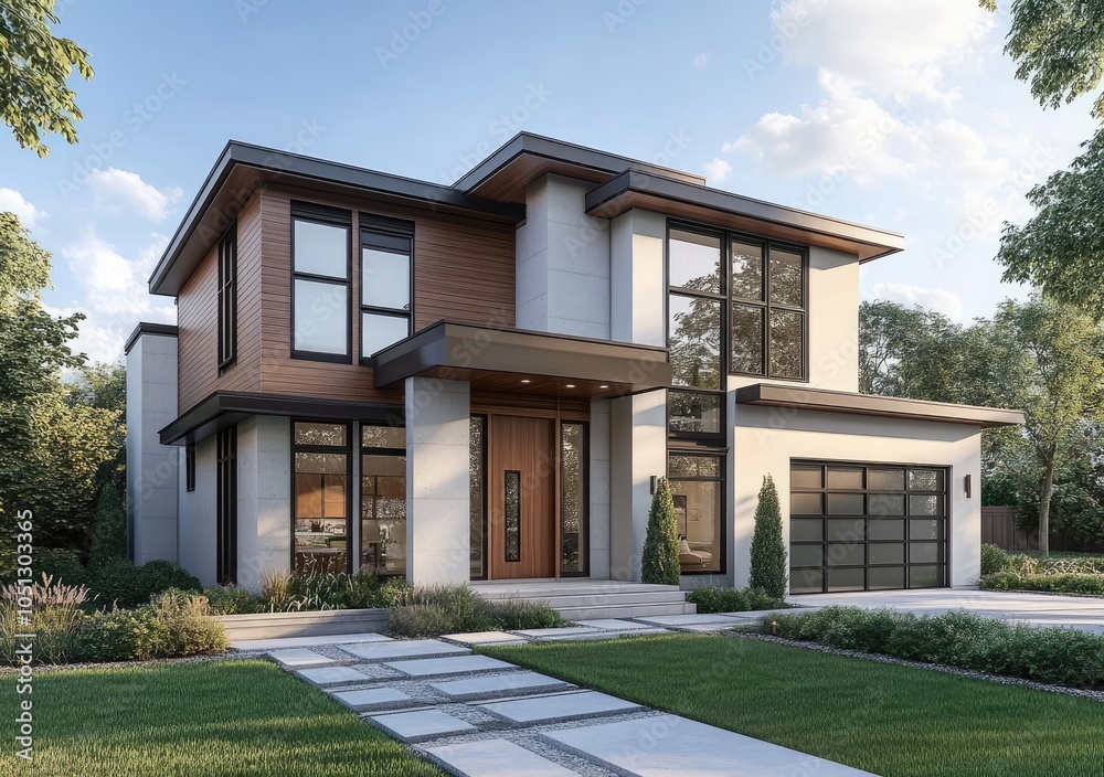 A two-story modern house with an exterior of brown wood and white walls ...
