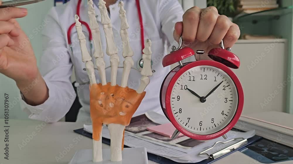 Traumatologist shows a sample of the skeleton of the hand and an alarm ...