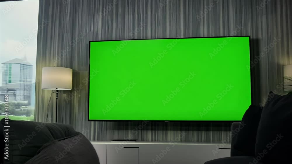 flatscreen television green screen composited modern living room ...