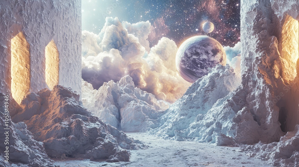 Surreal Art Studio Space with Cosmic Murals and Sculptures Stock ...