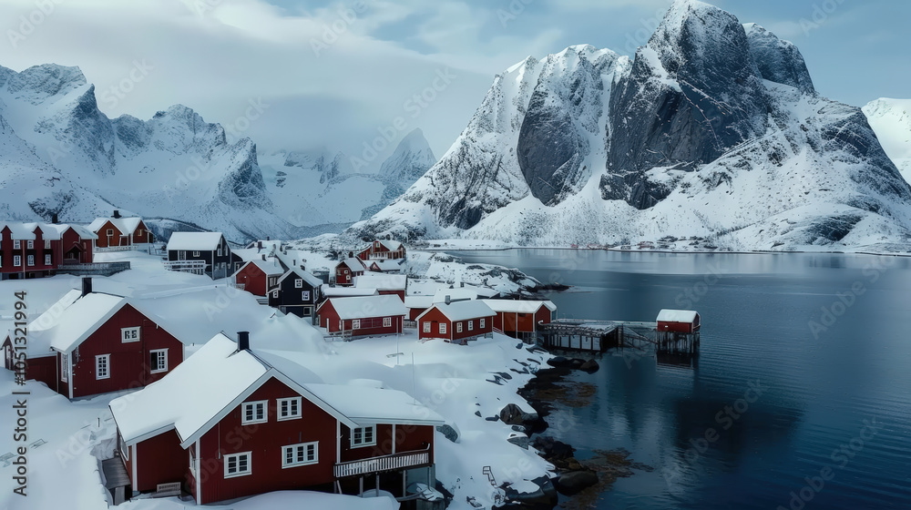 Aerial view of Reine village showcasing its iconic red houses ...