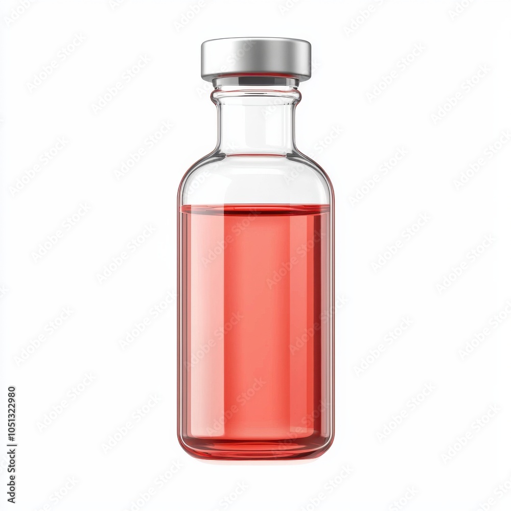 A clear glass vial filled with a reddish liquid, featuring a silver ...