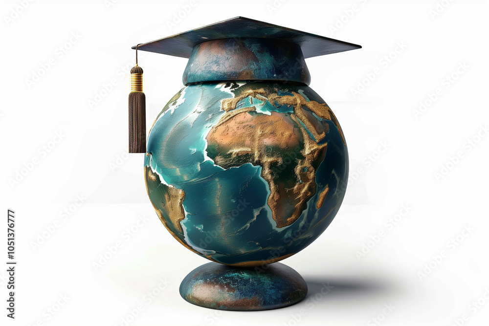 Realistic Digital Illustration of a Globe Representing Global Education with Graduation Cap ...