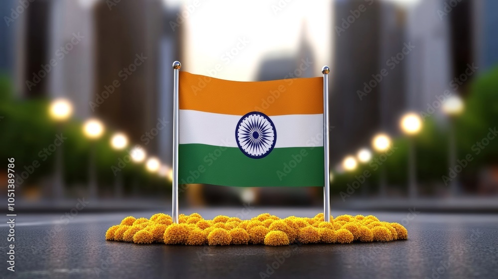 Indian Flag with Marigolds in Urban Setting Stock Illustration | Adobe ...
