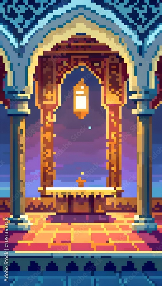Ornate throne room with arched columns pixel art background. 8-bit game ...