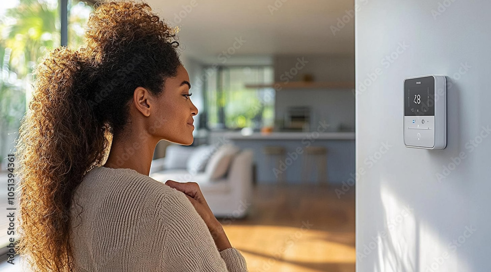 Woman near Smart Home system sensor on white wall, created with Generative AI technology Stock ...