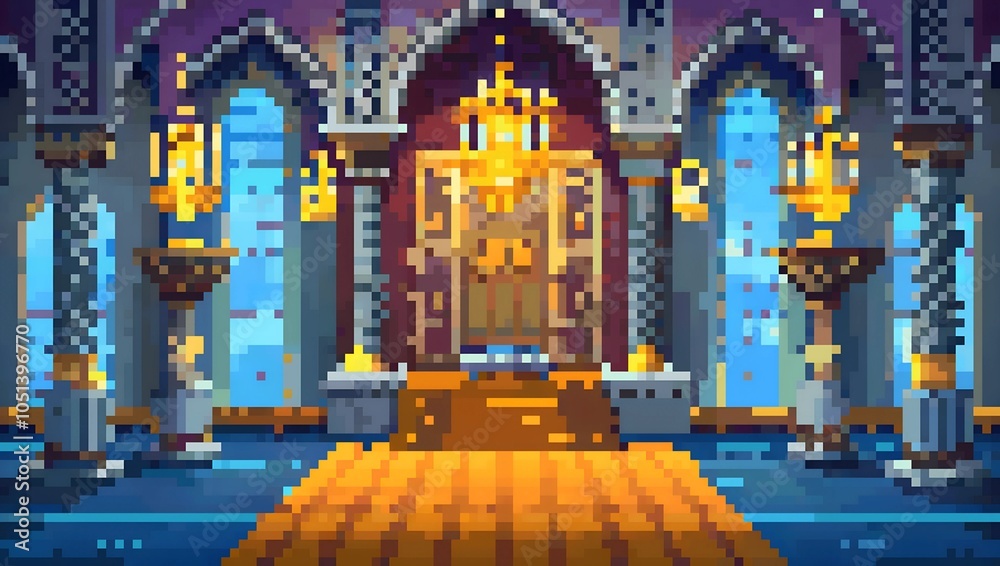 Ornate throne room with arched columns and golden chandeliers pixel art ...