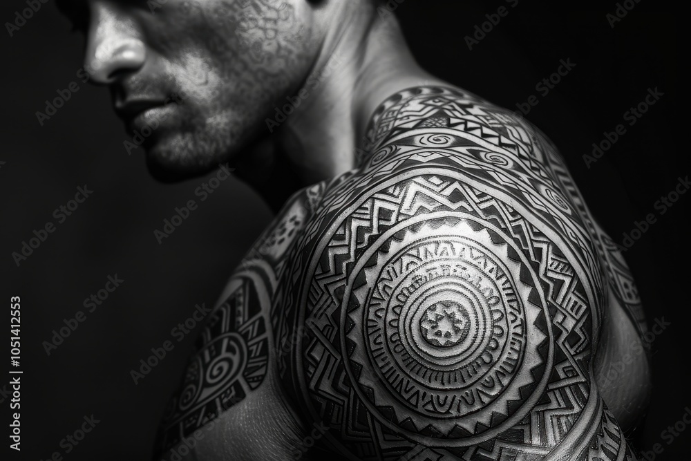 A tribal tattoo design covering the upper arm and shoulder, with bold, sweeping lines and ...