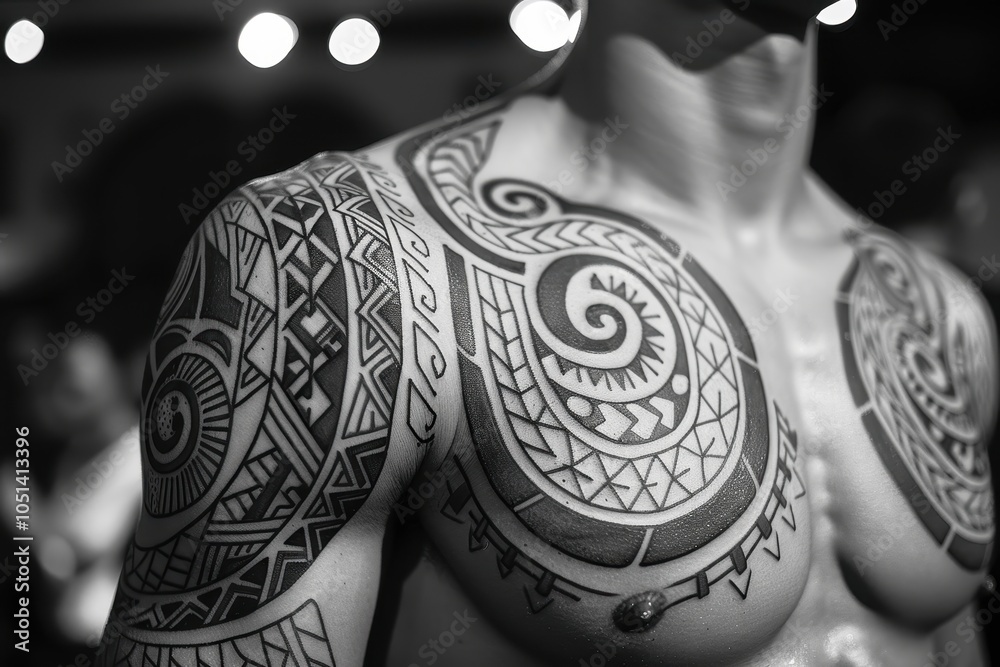 A tribal tattoo design covering the upper arm and shoulder, with bold, sweeping lines and ...