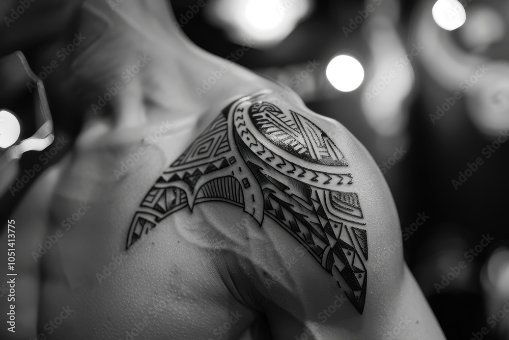 A tribal tattoo design covering the upper arm and shoulder, with bold, sweeping lines and ...